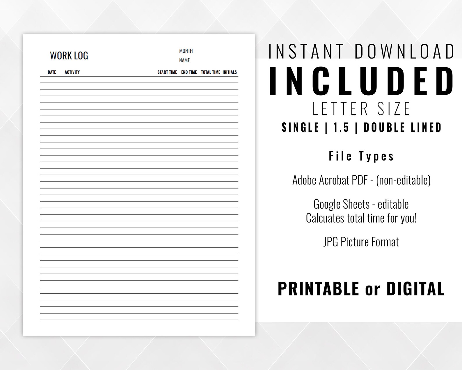 Work Log | Printable Template | Editable Google Sheets Template ...