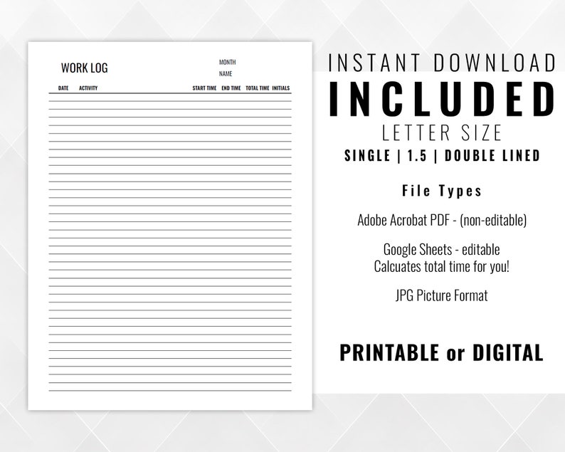 Work Log | Printable Template | Editable Google Sheets Template ...