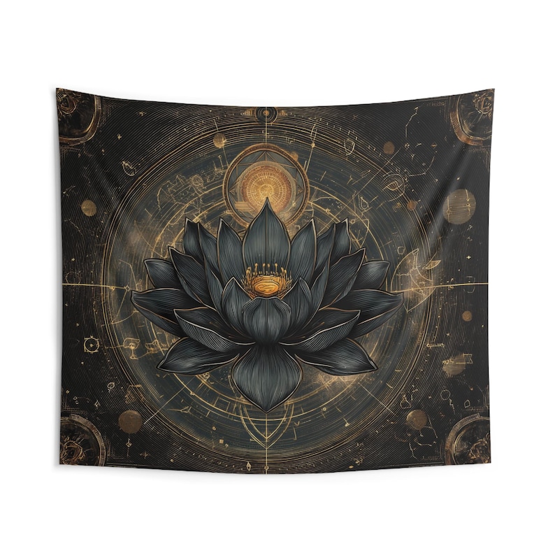 Lotus of the Cosmos Tapestry, Celestial Black Lotus Wall Hanging With ...