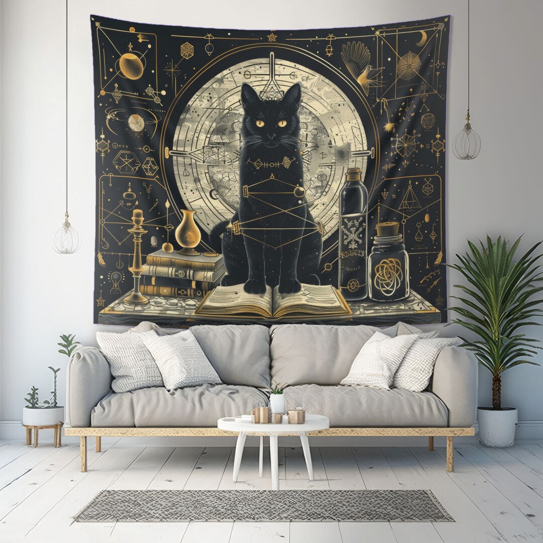 Black Cat & Spell Books Indoor Wall Tapestry Dark Occult Design, Sacred ...
