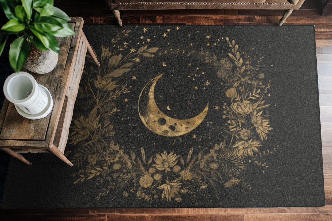 Gold Crescent Moon & Wildflower Mandala Polyester Chenille Area Rug (3 ...