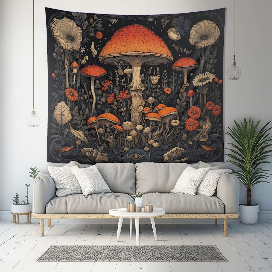 Mushrooms and Wildflowers Wall Tapestry Dark Cottagecore Aesthetic ...