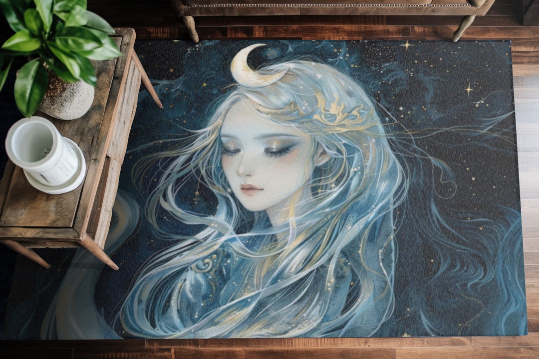 Selene's Moonlit Reverie Chenille Area Rug, Goddess of the Moon Visage ...