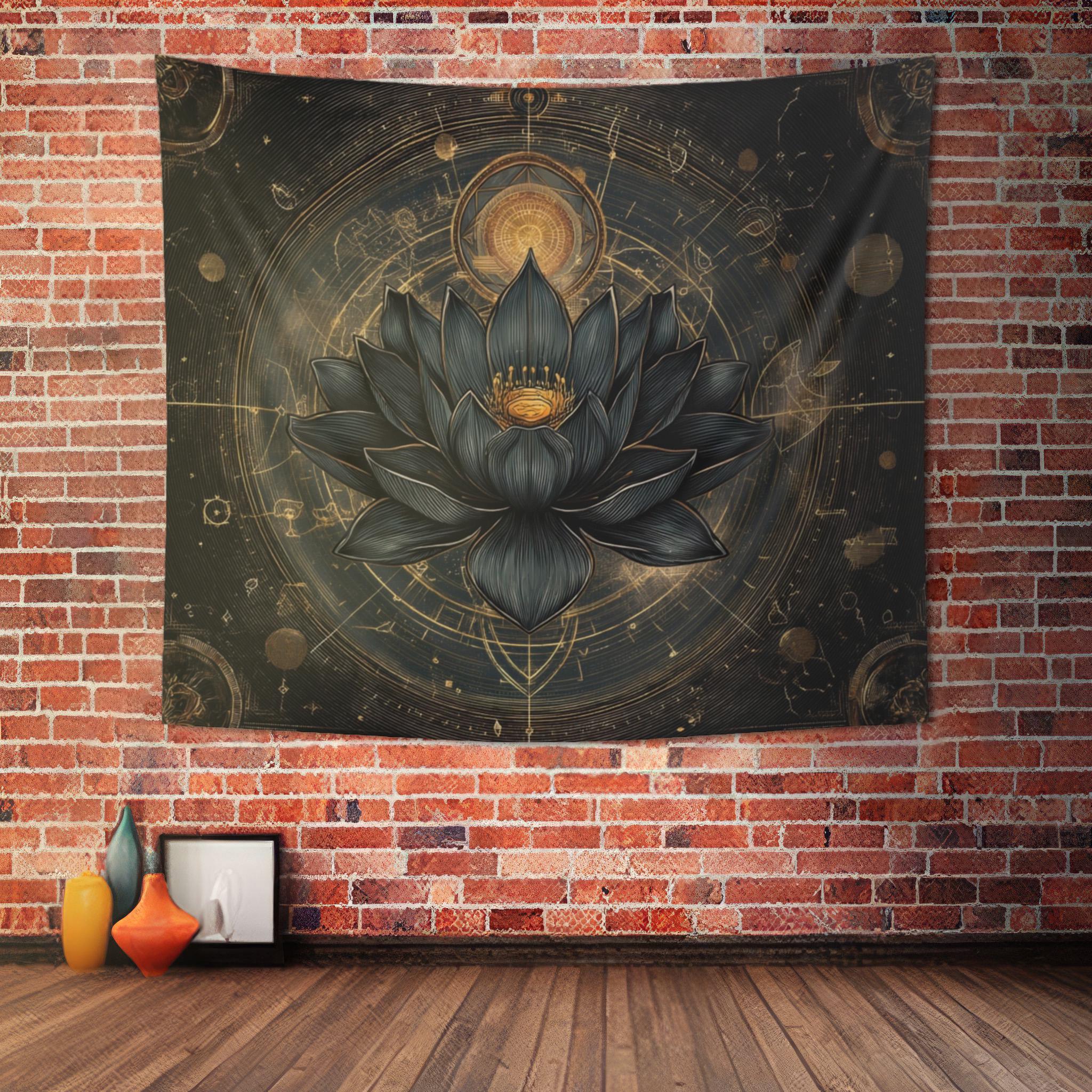 Lotus of the Cosmos Tapestry, Celestial Black Lotus Wall Hanging With ...