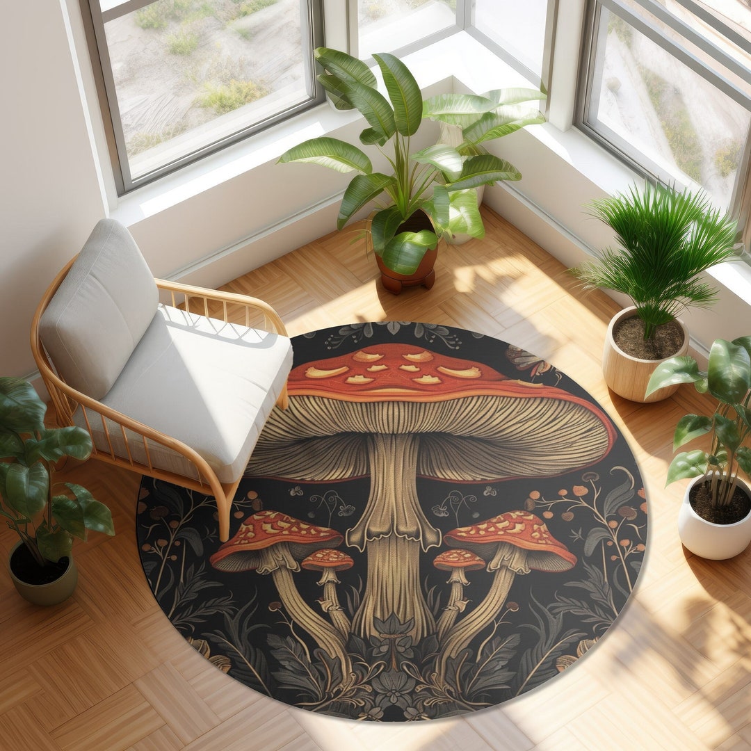 Mushrooms & Wildflowers Chenille Round Area Rug, Dark Cottagecore ...
