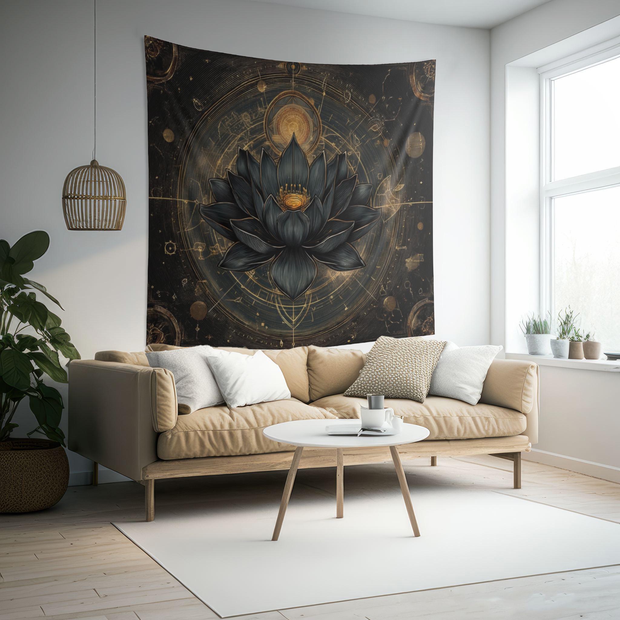 Lotus of the Cosmos Tapestry, Celestial Black Lotus Wall Hanging With ...