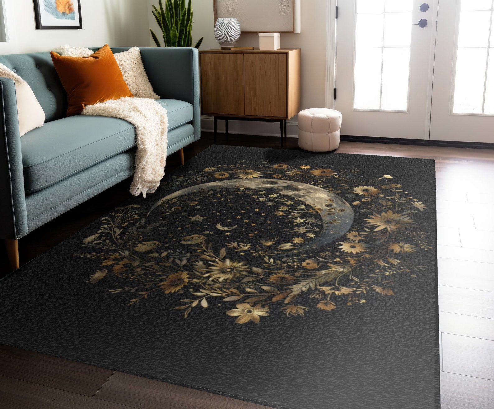 Crescent Moon & Wildflower Mandala Polyester Chenille Area Rug (3 Sizes ...