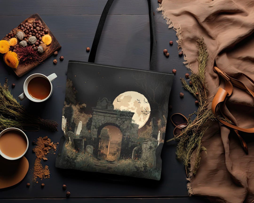 Moonrise Gravegate Double Sided Tote Bag With Full Moon Haunted ...
