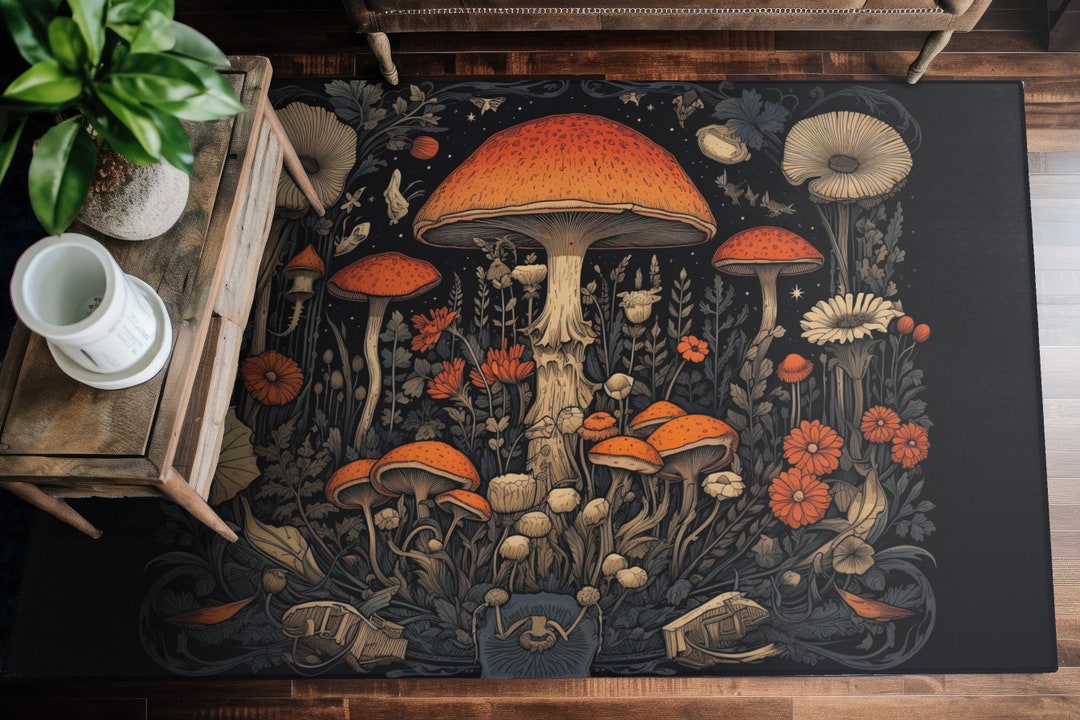 Mushrooms and Wildflowers Chenille Area Rug Dark Cottagecore Aesthetic ...