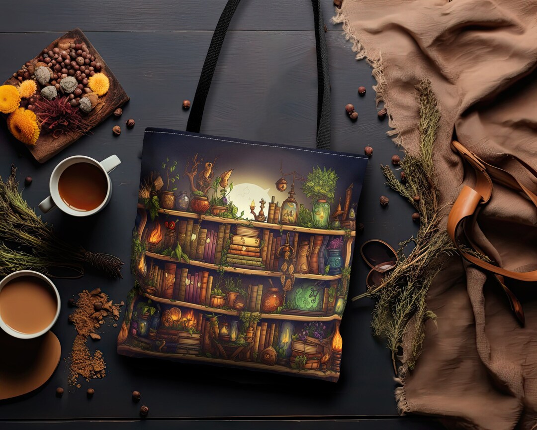 Witch's Magic Bookshelf 2 Sided Tote Bag, Dark Academia Design, Mystic ...