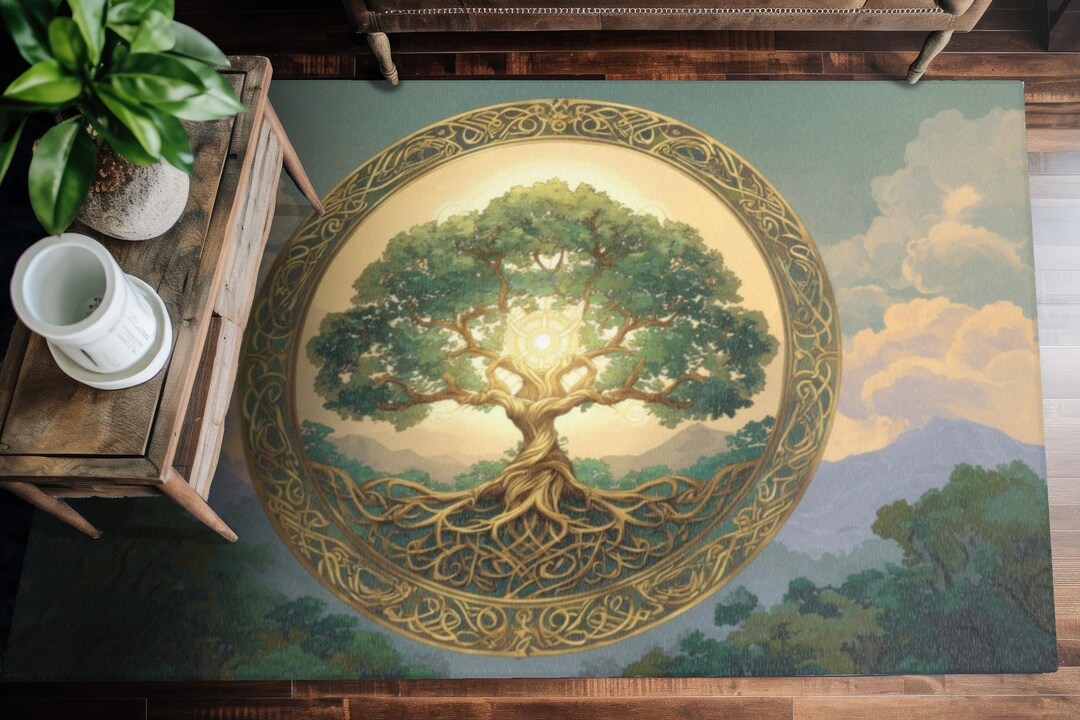 Golden Rooted Realms Tree of Life Chenille Area Rug With Celtic Sun ...