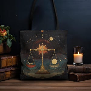 Balance of the Cosmos Libra Zodiac Tote Bag With Golden Scales & Stars ...
