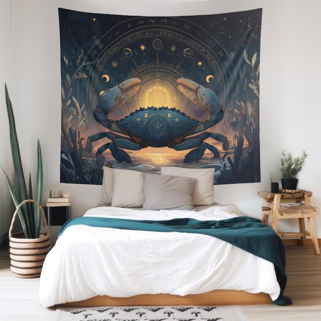Celestial Tidewalker Cancer Zodiac Tapestry With Mystical Crab, Moon ...