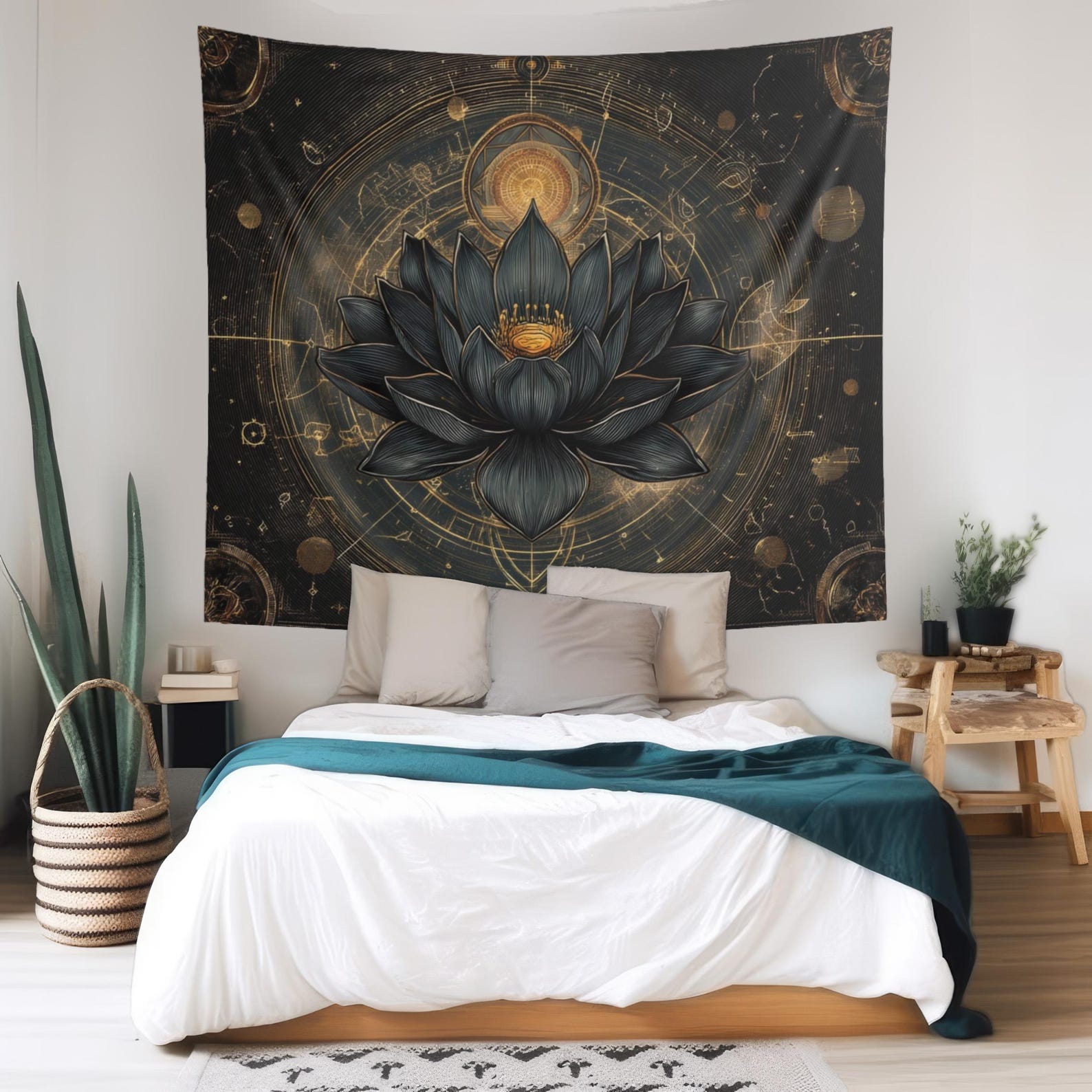 Lotus of the Cosmos Tapestry, Celestial Black Lotus Wall Hanging With ...