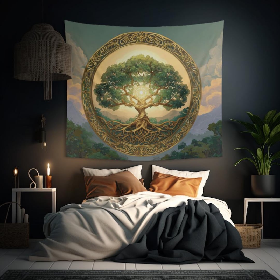 Golden Rooted Realms Tree of Life Tapestry With Sunlight & Celtic Frame ...