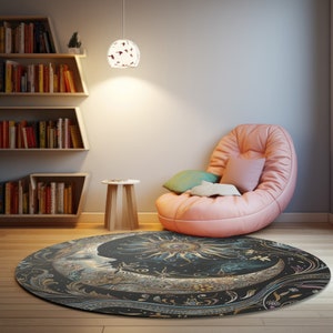 Crescent Moon & Sun Chenille Round Area Rug, Art Nouveau Design, Dark ...