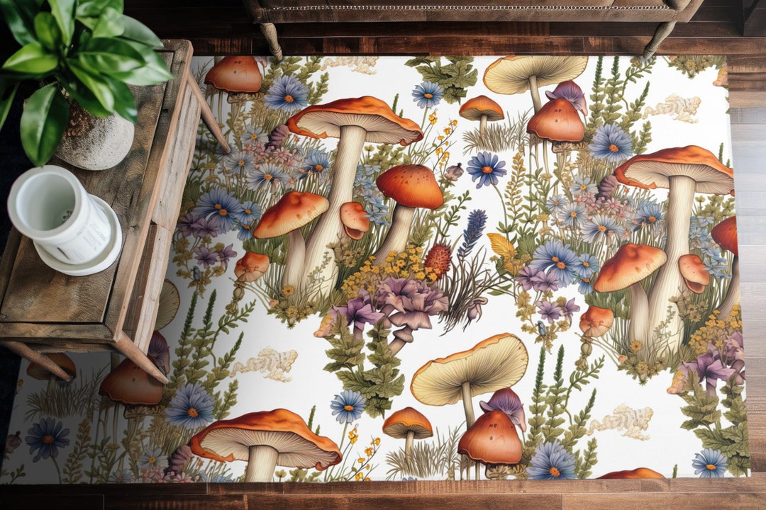 Cottagecore Style Mushroom & Wildflower Area Rug Polyester Chenille ...