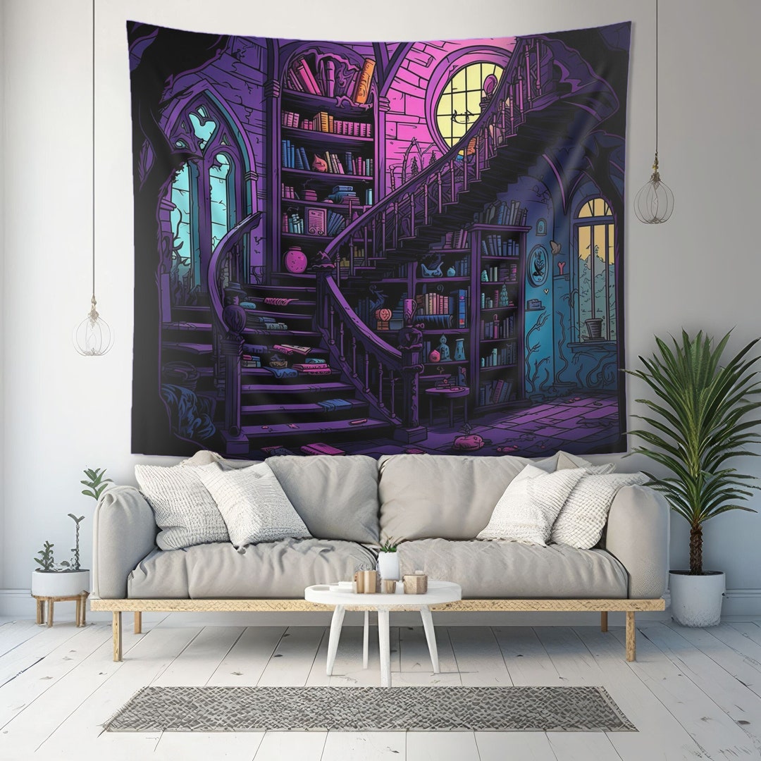 Witch's Library Staircase Wall Tapestry, Dark Cottagecore Aesthetic ...
