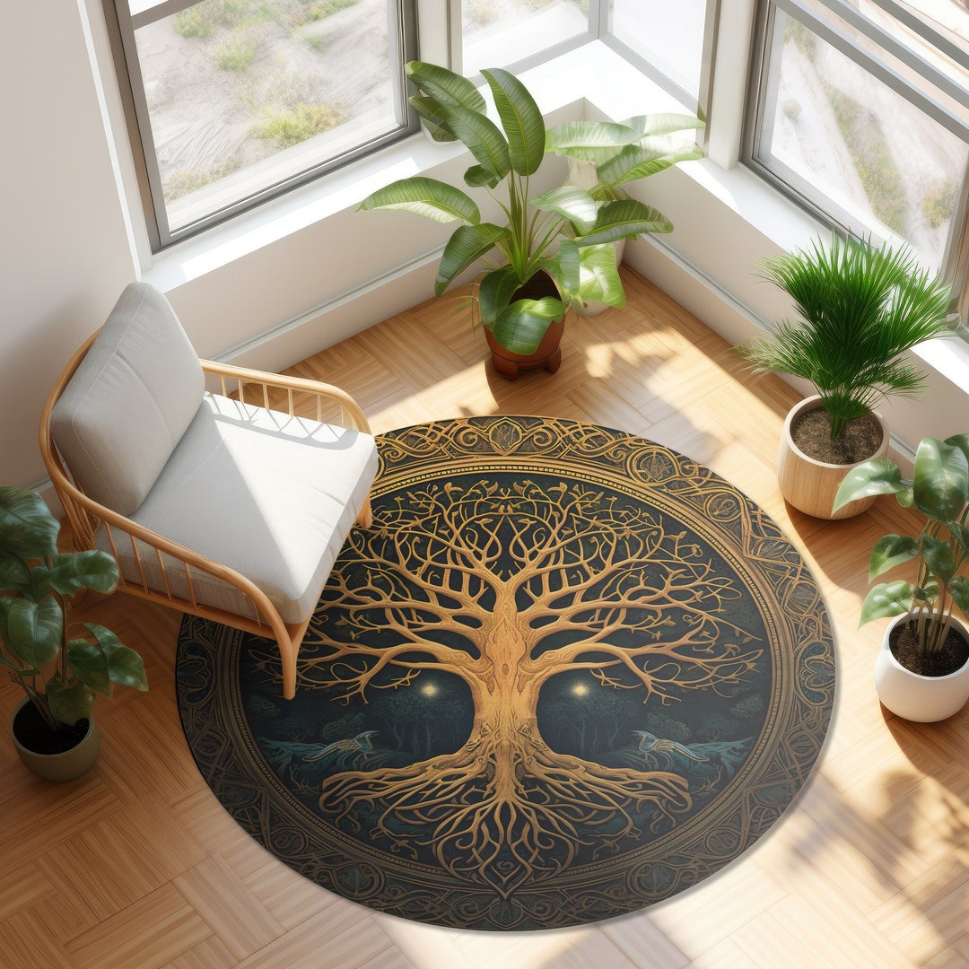 Gold Tree of Life Mandala Chenille Round Area Rug, Ancient Occult ...