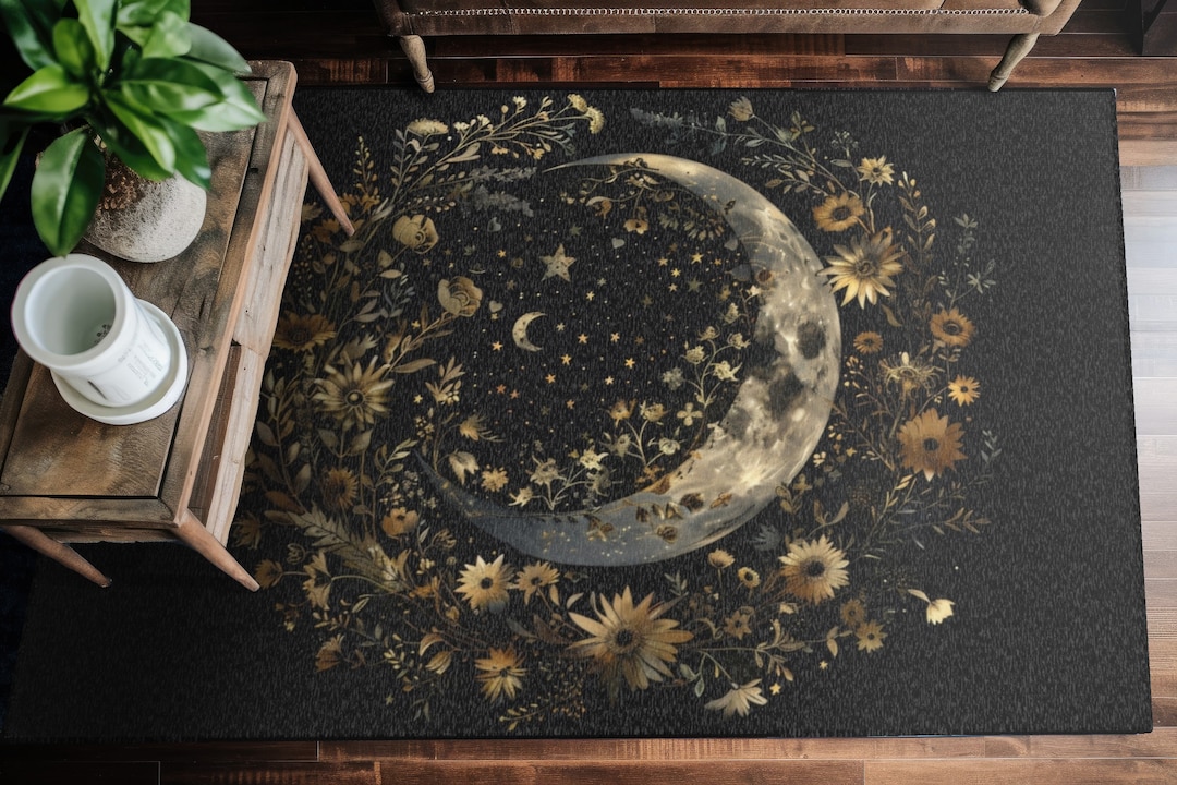 Crescent Moon & Wildflower Mandala Polyester Chenille Area Rug (3 Sizes ...