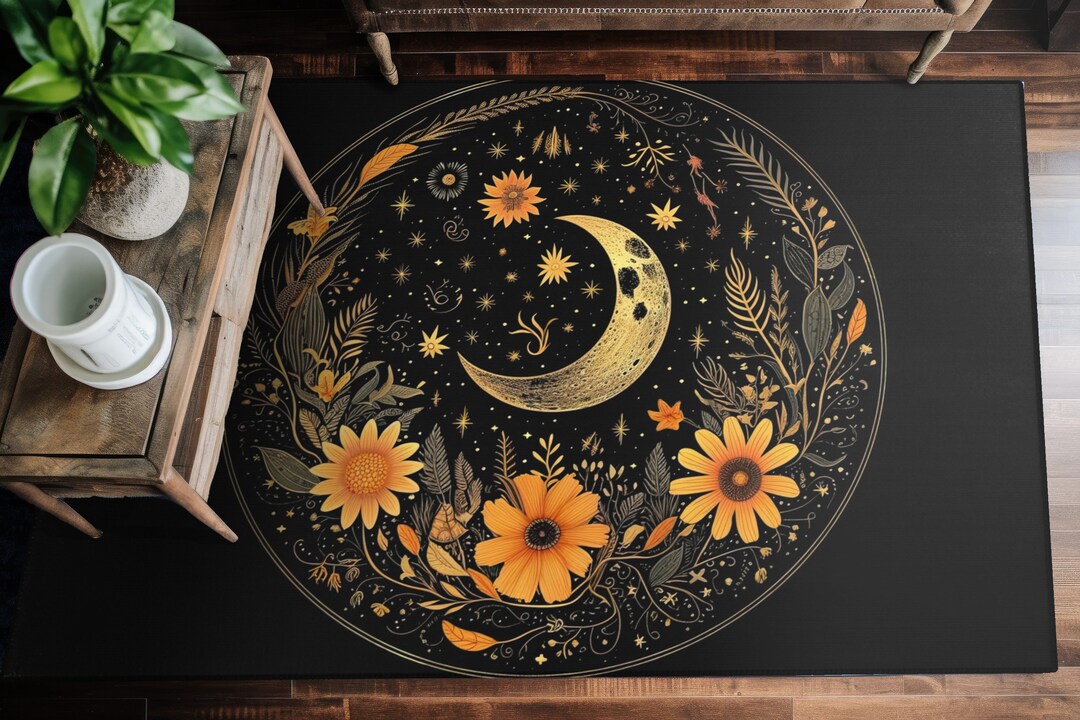 Crescent Moon & Wildflower Chenille Area Rug: Cottagecore Aesthetic ...