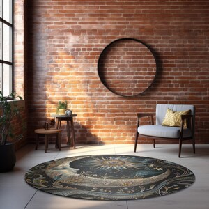 Crescent Moon & Sun Chenille Round Area Rug, Art Nouveau Design, Dark ...