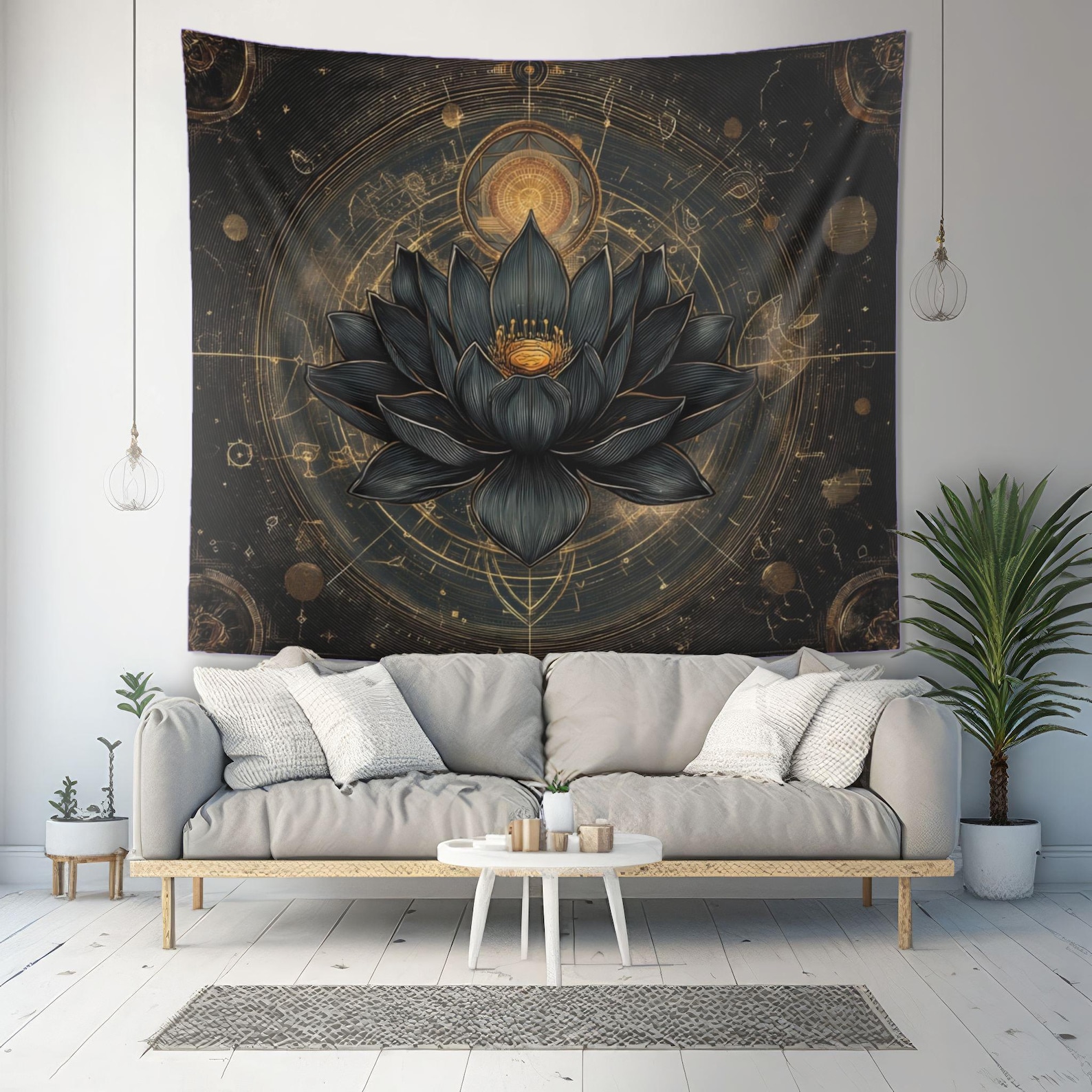Lotus of the Cosmos Tapestry, Celestial Black Lotus Wall Hanging With ...