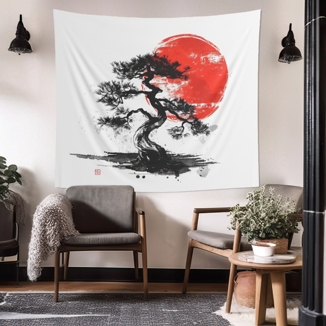 Traditional Chinese Bonsai and Red Sun Wall Tapestry: Elegant Ink Wash ...