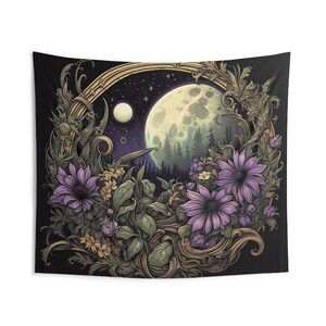 Dual Moon and Wildflower Mandala Wall Tapestry Dark Cottagecore ...