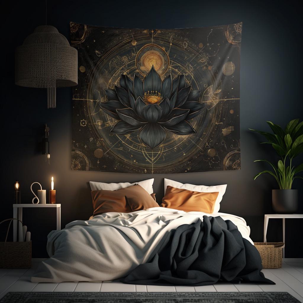 Lotus of the Cosmos Tapestry, Celestial Black Lotus Wall Hanging With ...