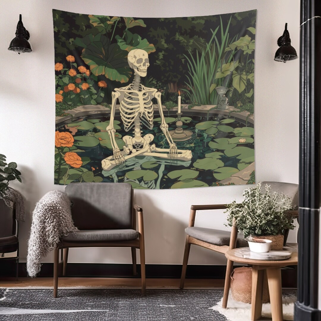Skeleton Meditating in Zen Garden Indoor Wall Tapestry, Gothic Folk ...