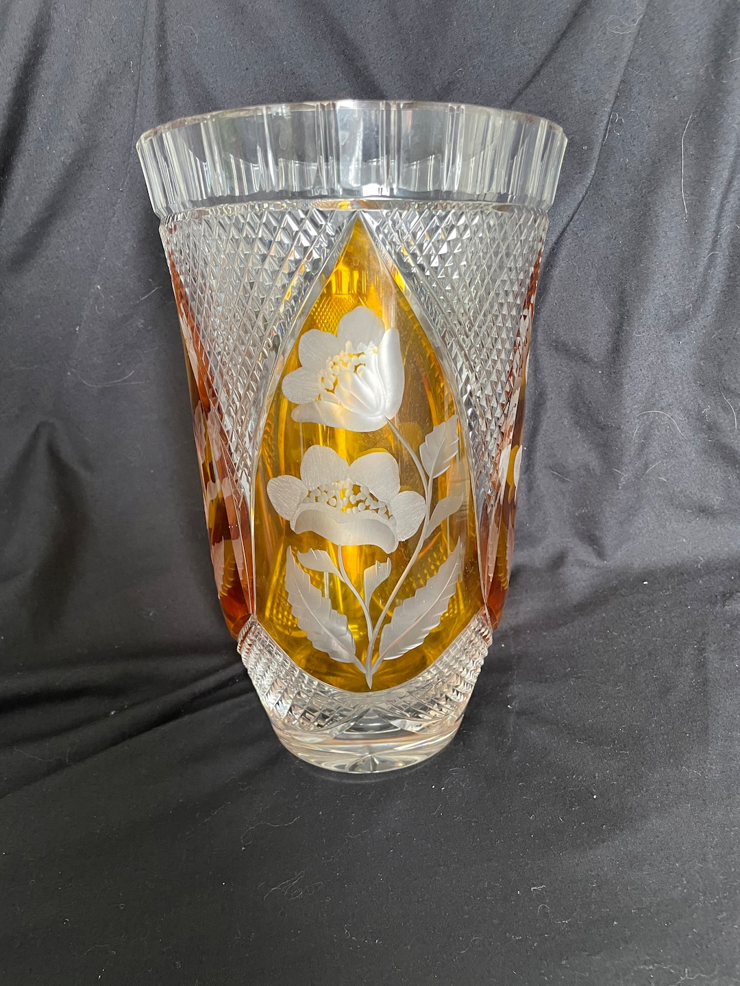 Josephinenhutte Crystal Amber Large Flower Diamond Pattern Crystal Vase ...