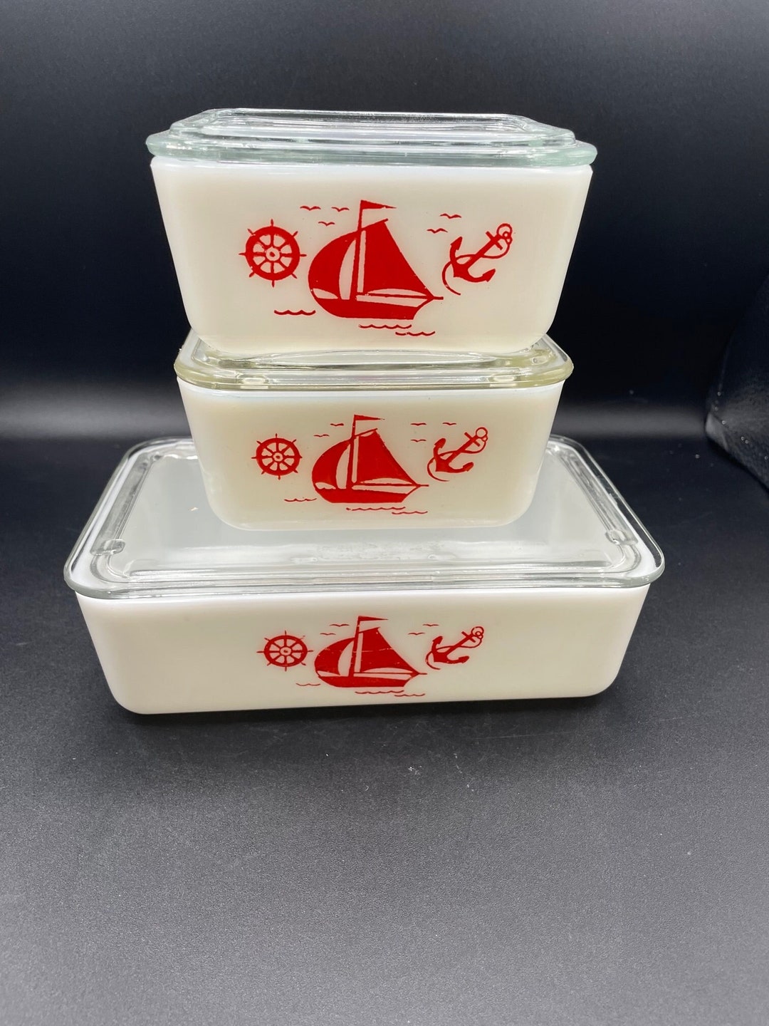 Three Vintage Mckee Red Sail Boat White Milk Glass Refrigerator/fridgie ...