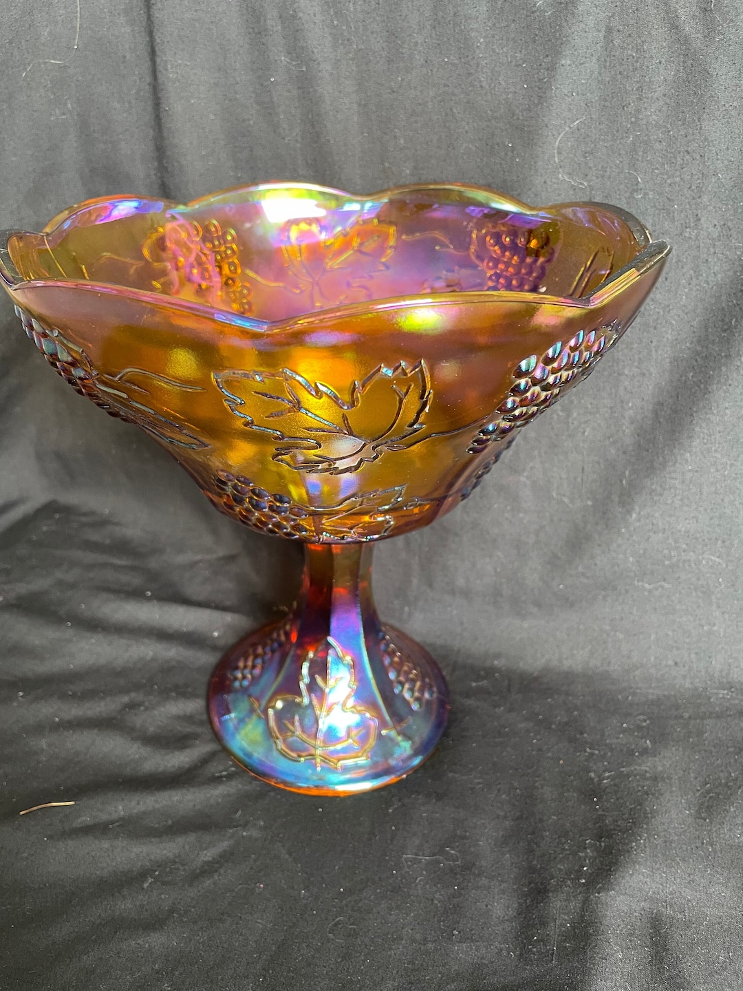 Carnival Glass Indiana Amber Harvest Grape Pedestal Compote - Etsy