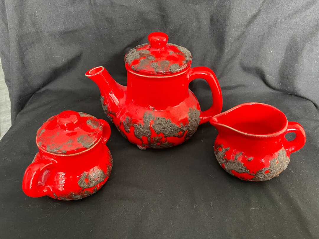 Vintage Ceramic Red Lava Teapot, Sugar and Creamer Set - Etsy