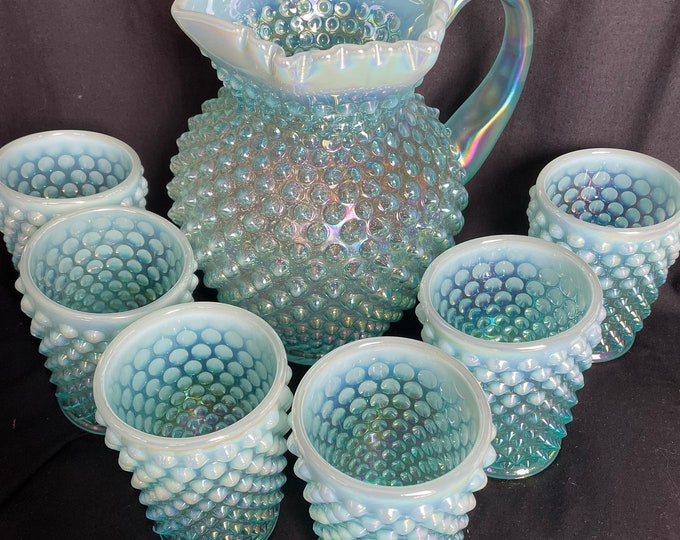 Fenton Blue Opalescent Glass Hobnail Pitcher With 6 Glasses - Etsy