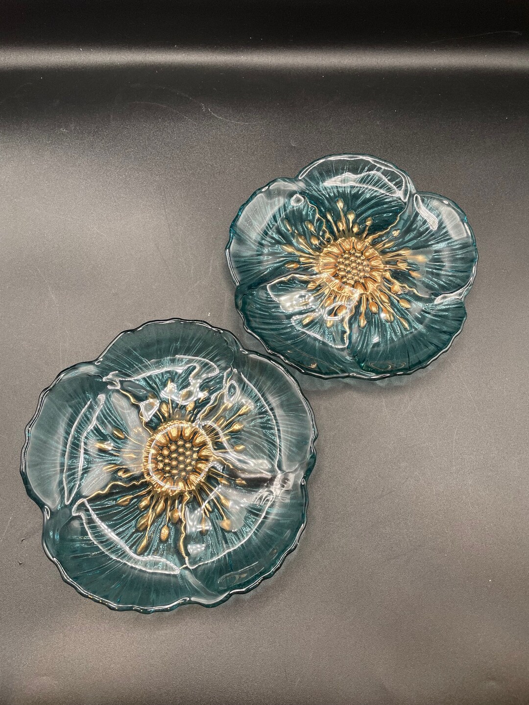 Two Glass Blue Gold Flower Stokes Plates - Etsy