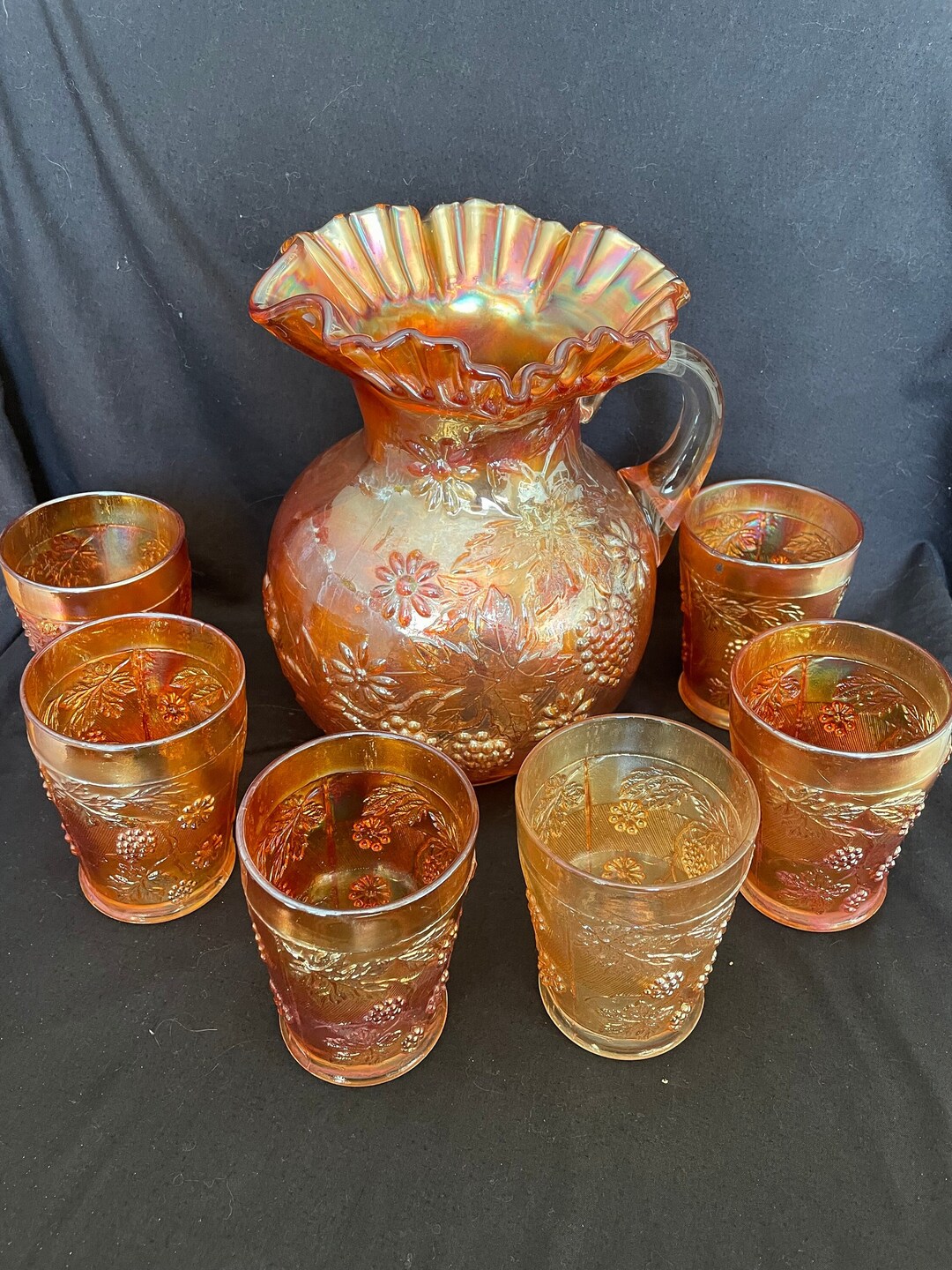 Dugan Floral and Grape Carnival Glass Vintage Water Set - Etsy
