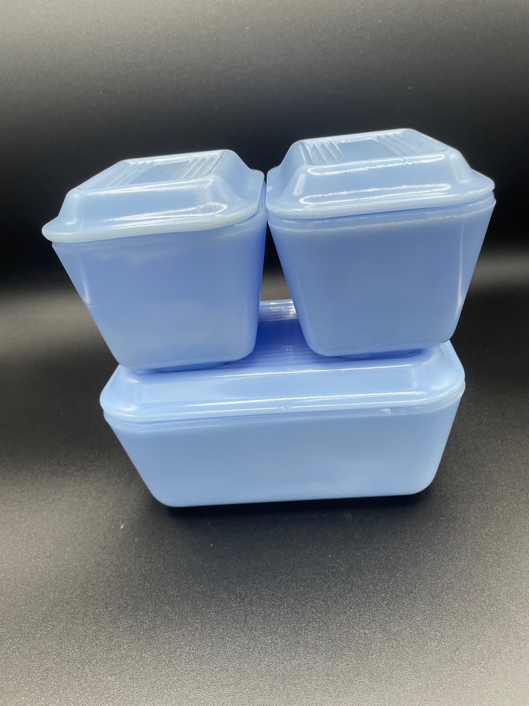 Pyrex Milk Glass Blue Delphite Made in Canada 3 Fridgies -full Set With ...