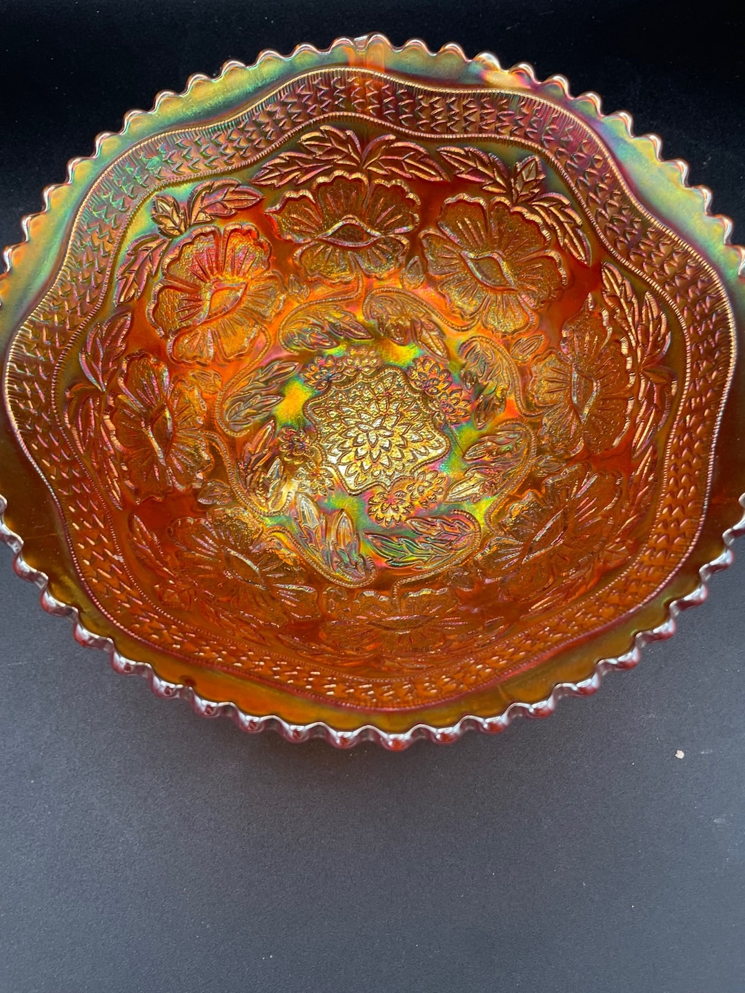 1915 Fenton Two Flowers Footed Marigold Carnival Glass Bowl - Etsy