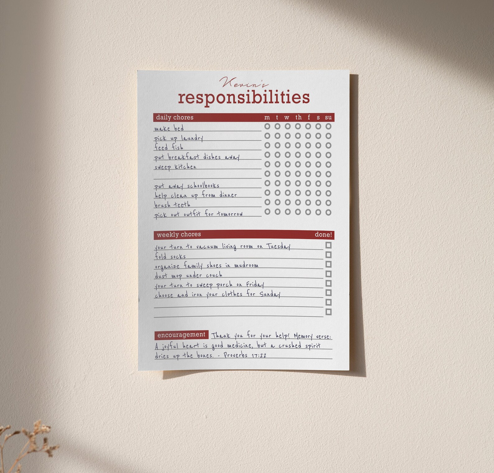 Simple Chore Chart - Editable in Canva- Red Daily Weekly ...