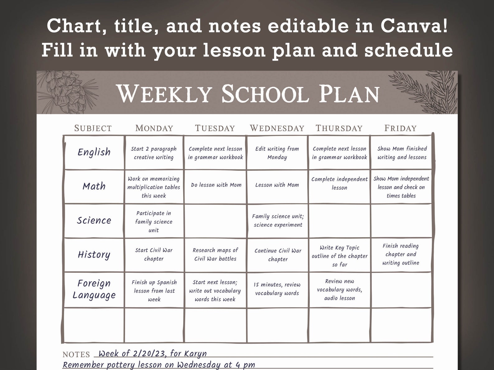 Pinecone Weekly Homeschool Planner Editable in Canva Brown Homemaker ...