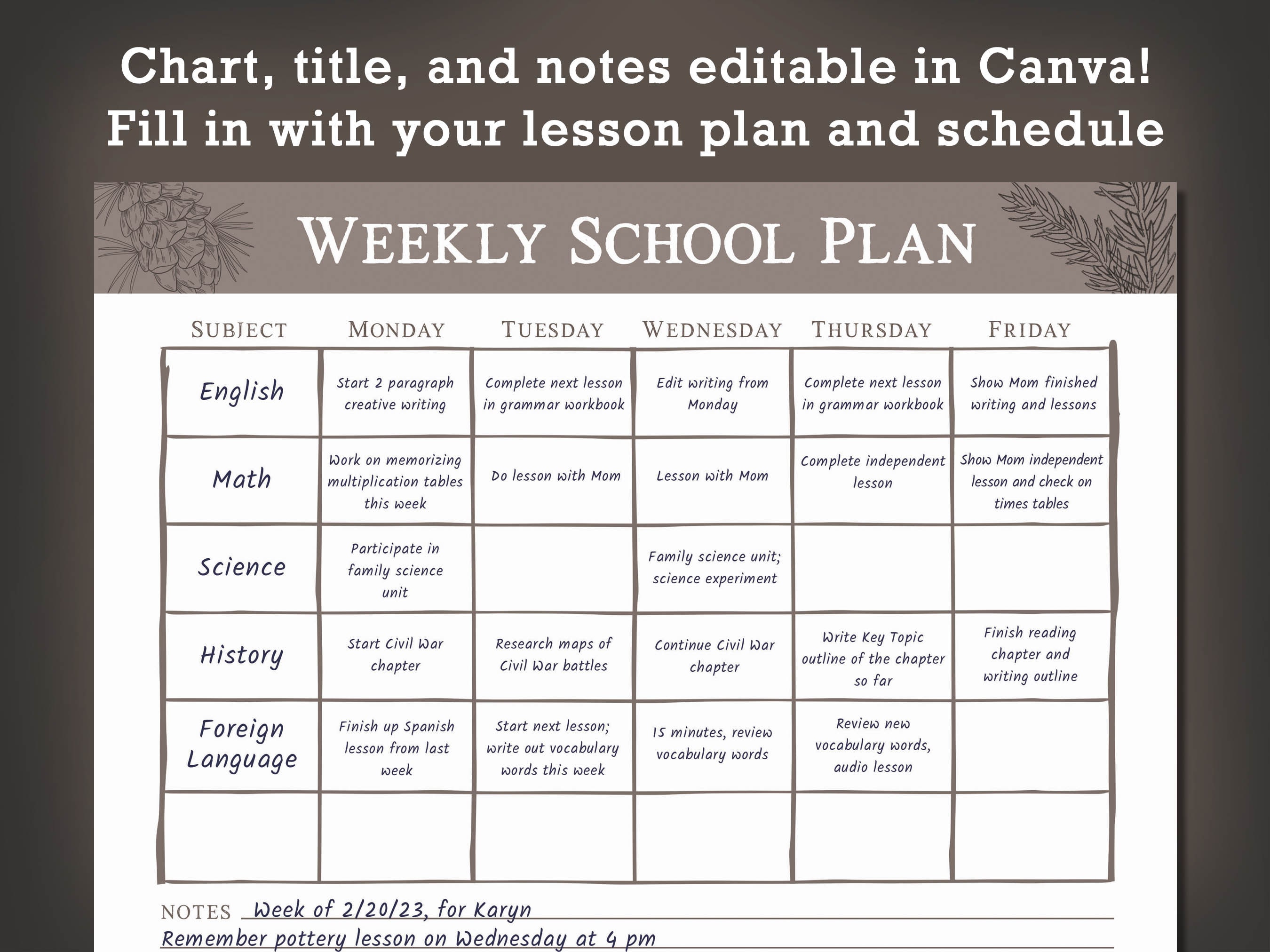 Pinecone Weekly Homeschool Planner Editable in Canva Brown Homemaker ...