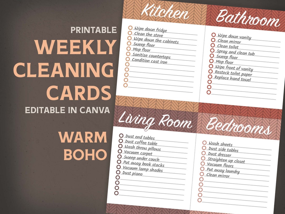 Warm Boho Cleaning Card Checklist Daily Weekly Responsibilities for ...