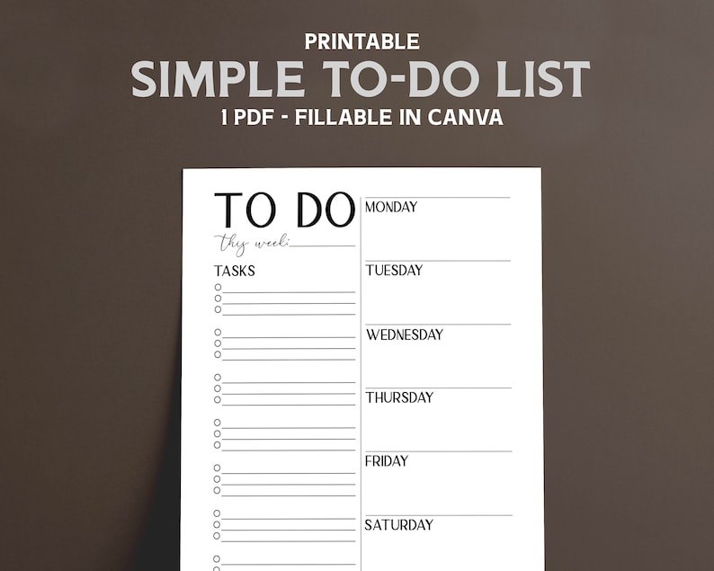 Clean to Do List Black- Fillable in Canva Weekly Task Setter Goal ...