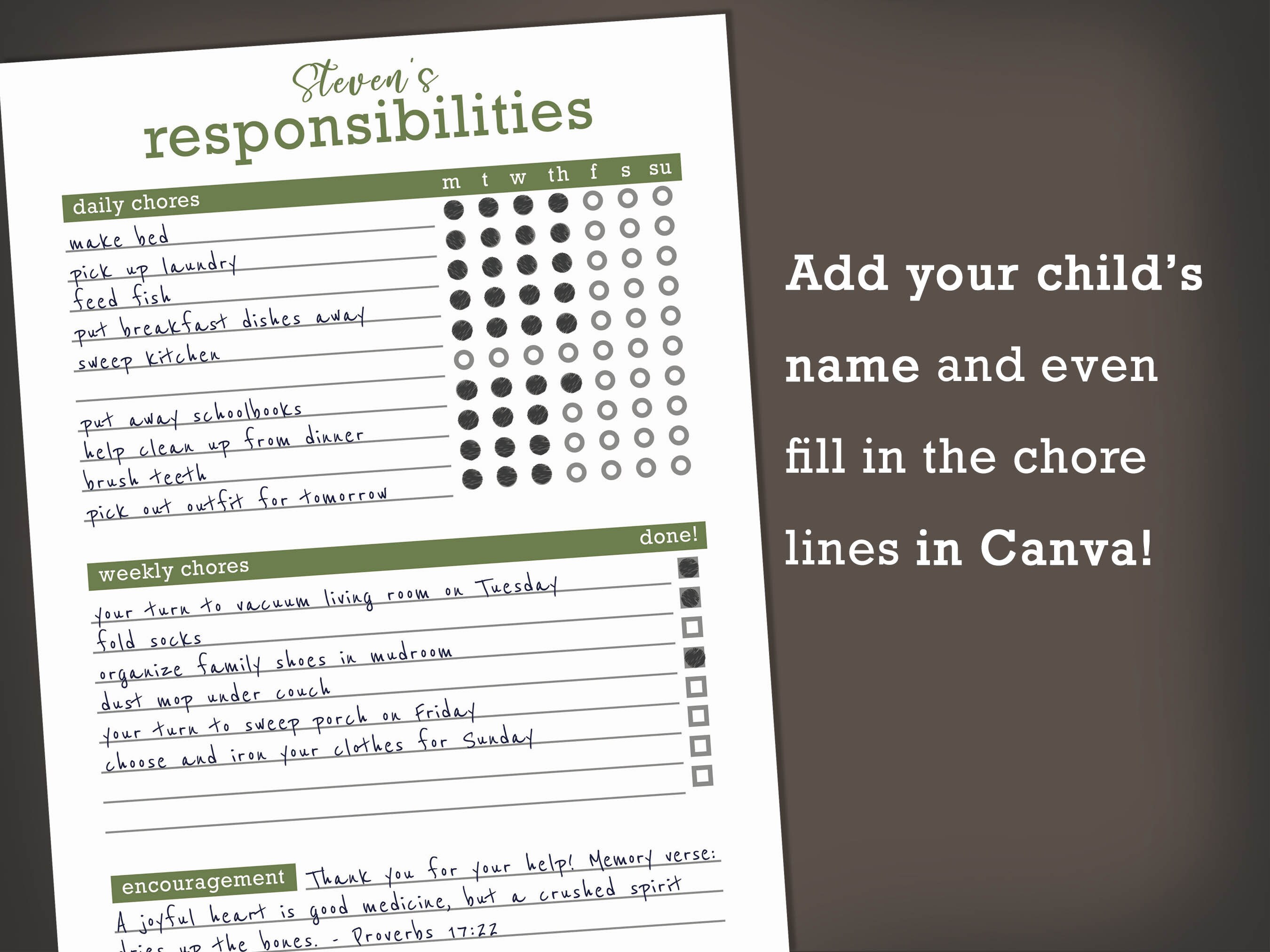 Simple Chore Chart - Editable in Canva- Green Daily Weekly ...