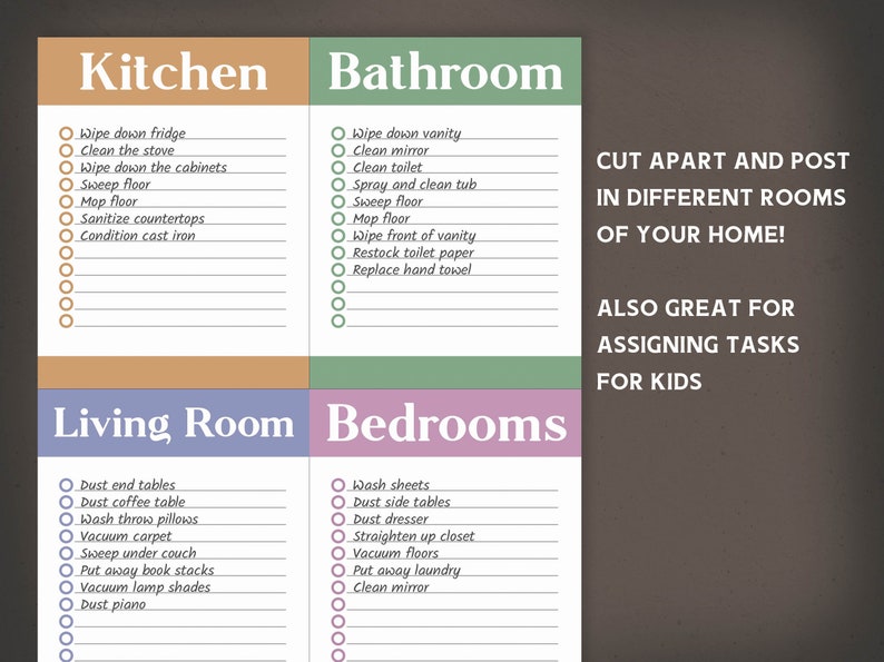 Easy Cleaning Card Checklist Daily Weekly Responsibilities for Kids ...