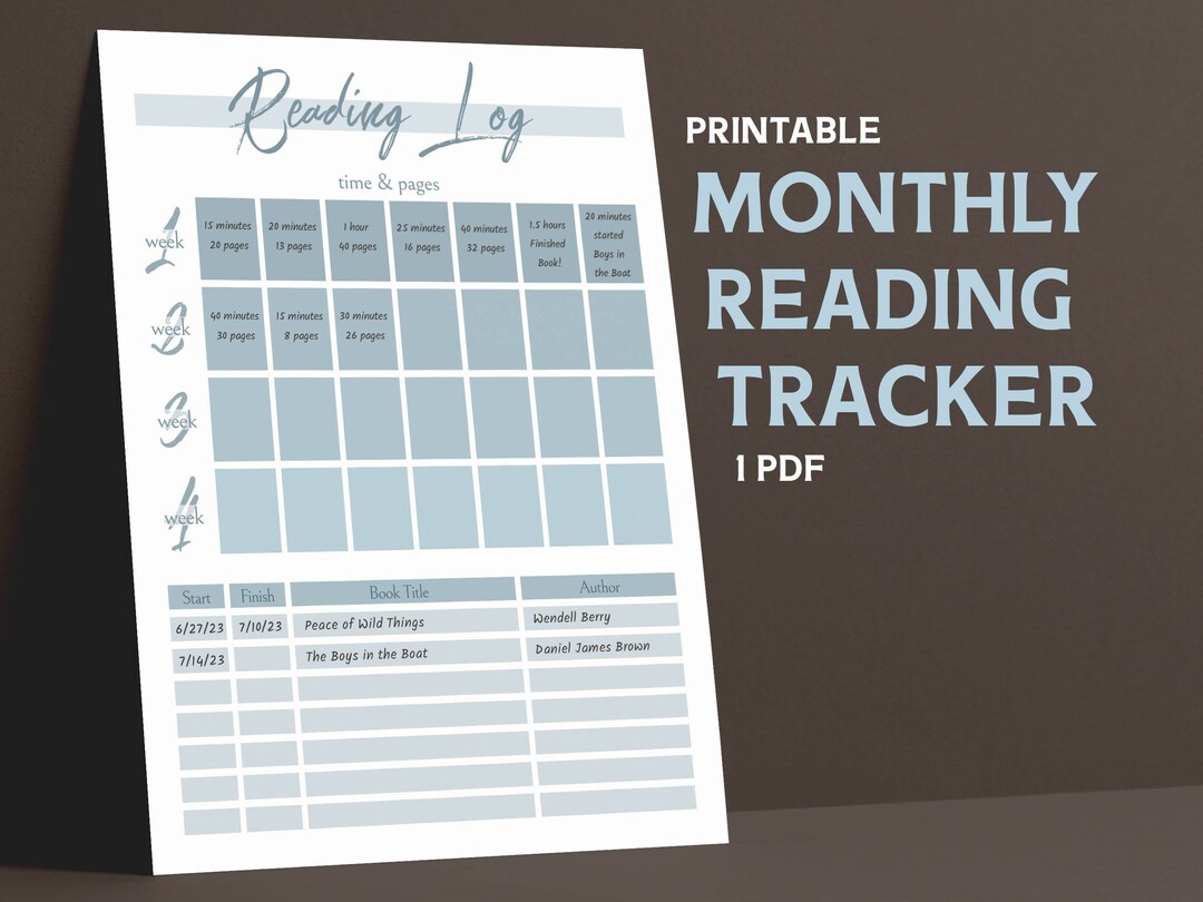 Monthly Reading Log - Blue Reading Tracker Independent Kids Time Adult ...