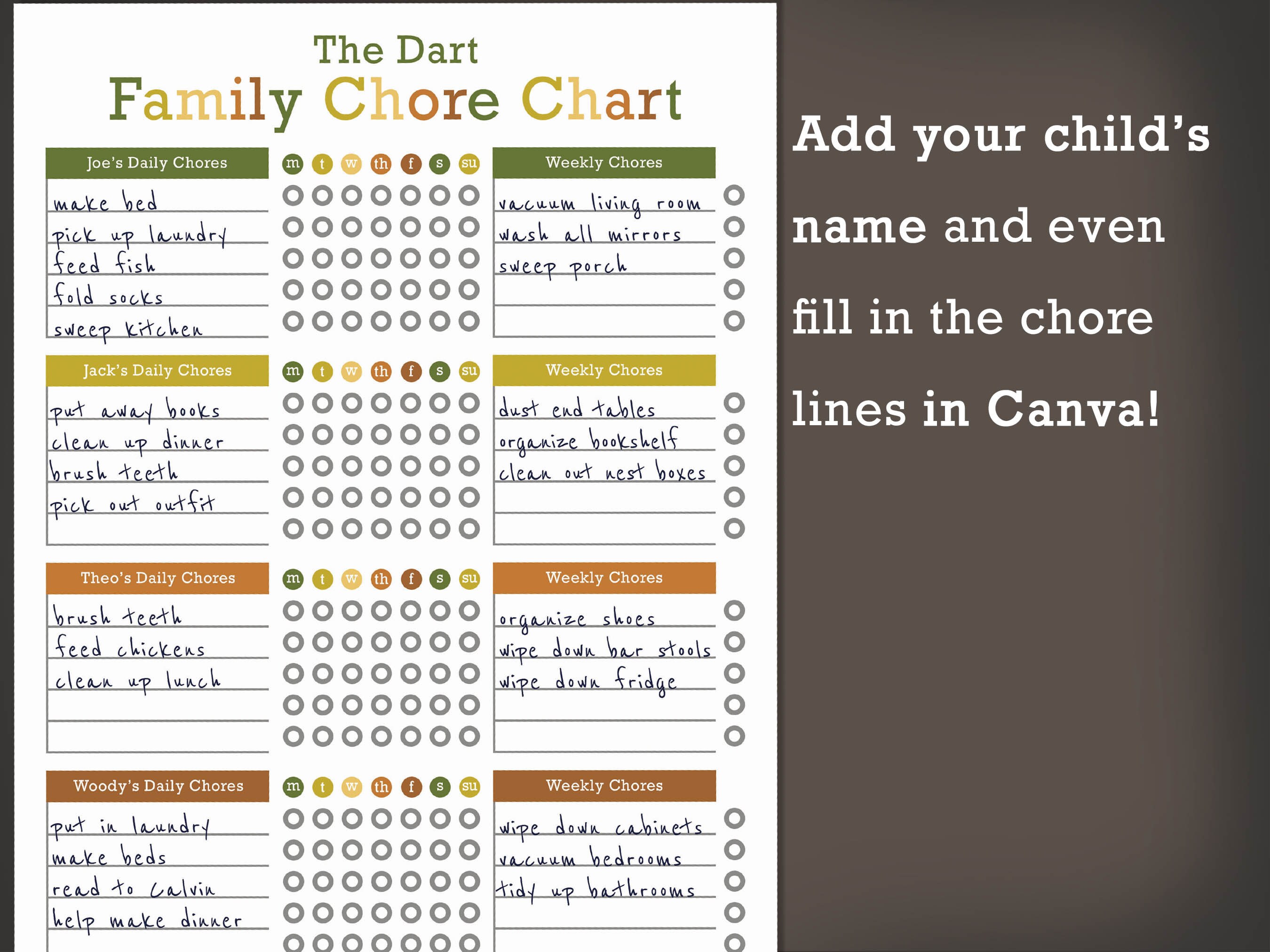 Family Chore Chart - Fillable in Canva- Daily Weekly Responsibilities ...