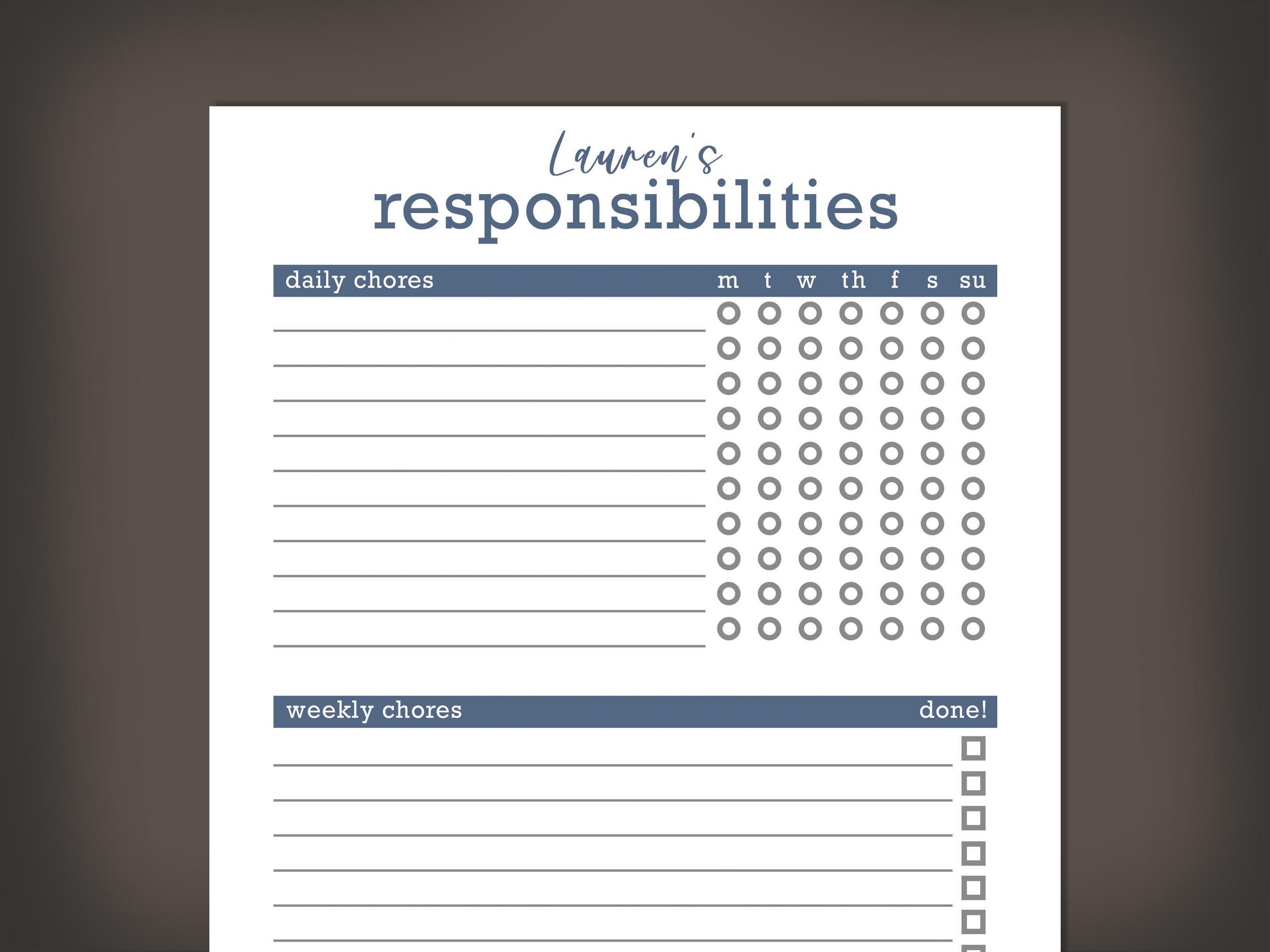 Simple Chore Chart - Fillable in Canva- Blue Daily Weekly ...